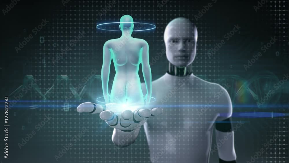Robot, cyborg open palm, Zooming female Human body scanning internal ...