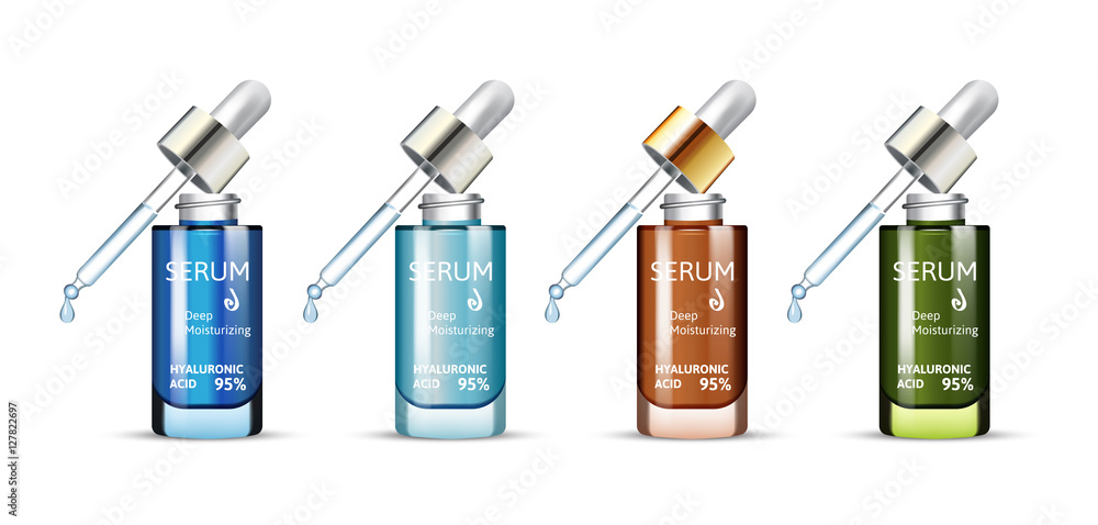Vector illustration of realistic serum bottles isolated on white ...