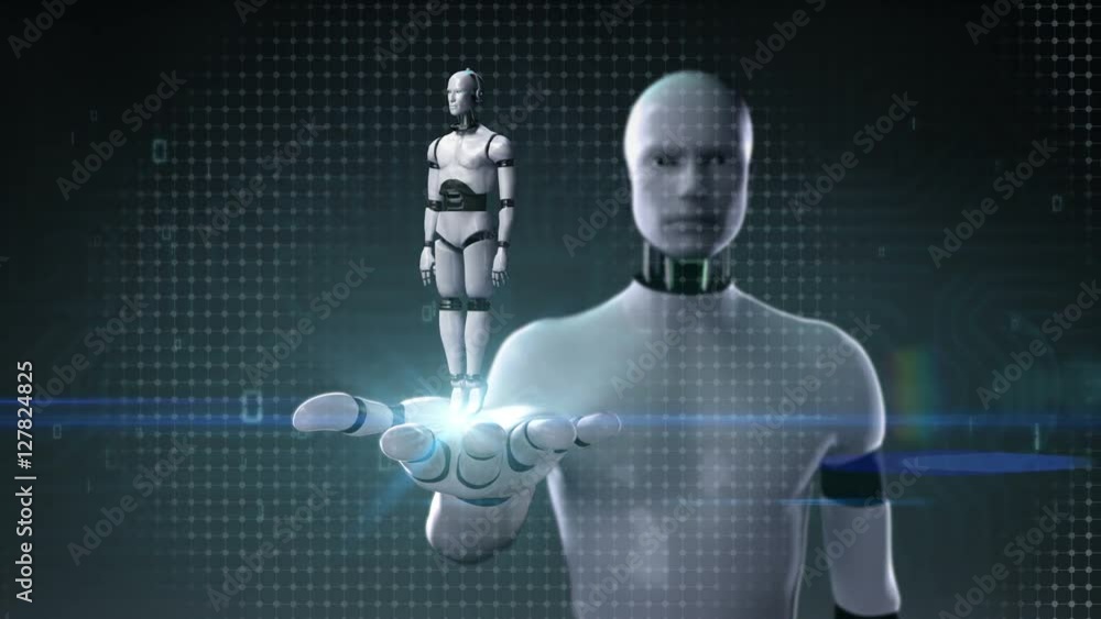 Robot, cyborg open palm, Zooming female Human body scanning internal ...