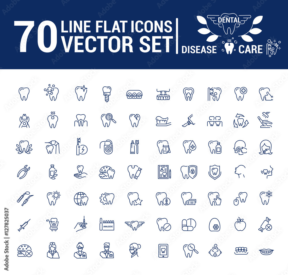 Vector set of flat graphic icon, line, contour, thin design. Dental ...