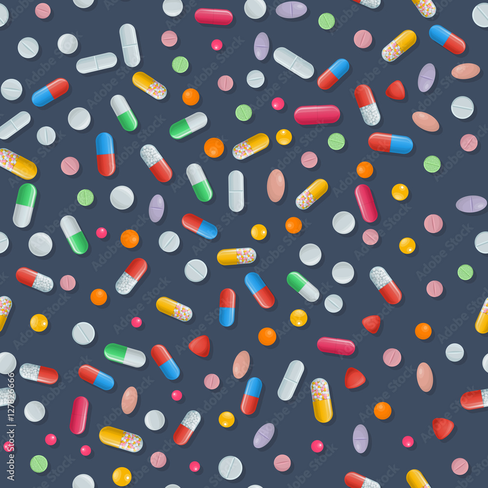 Vector medical seamless pattern with color capsule and dragee, caplet ...