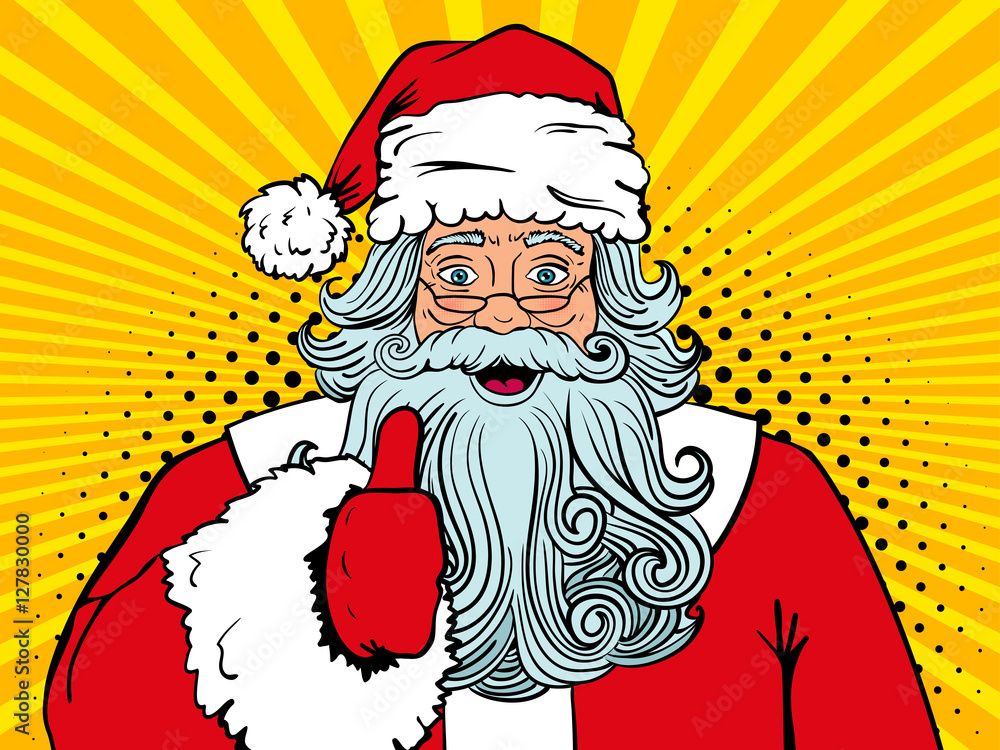 Wow pop art Santa Claus in red costume with surprised face and open ...