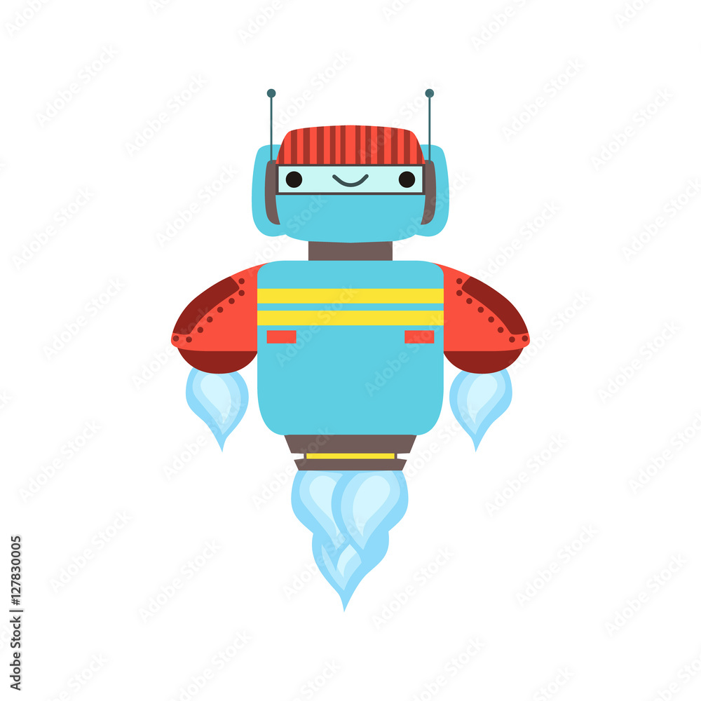 Blue And Red Friendly Android Robot Character Floating Mid Air Vector ...