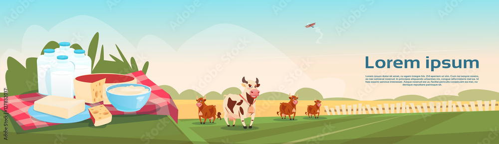 Cows Fresh Milk Dairy Products Eco Farming Banner Flat Vector ...