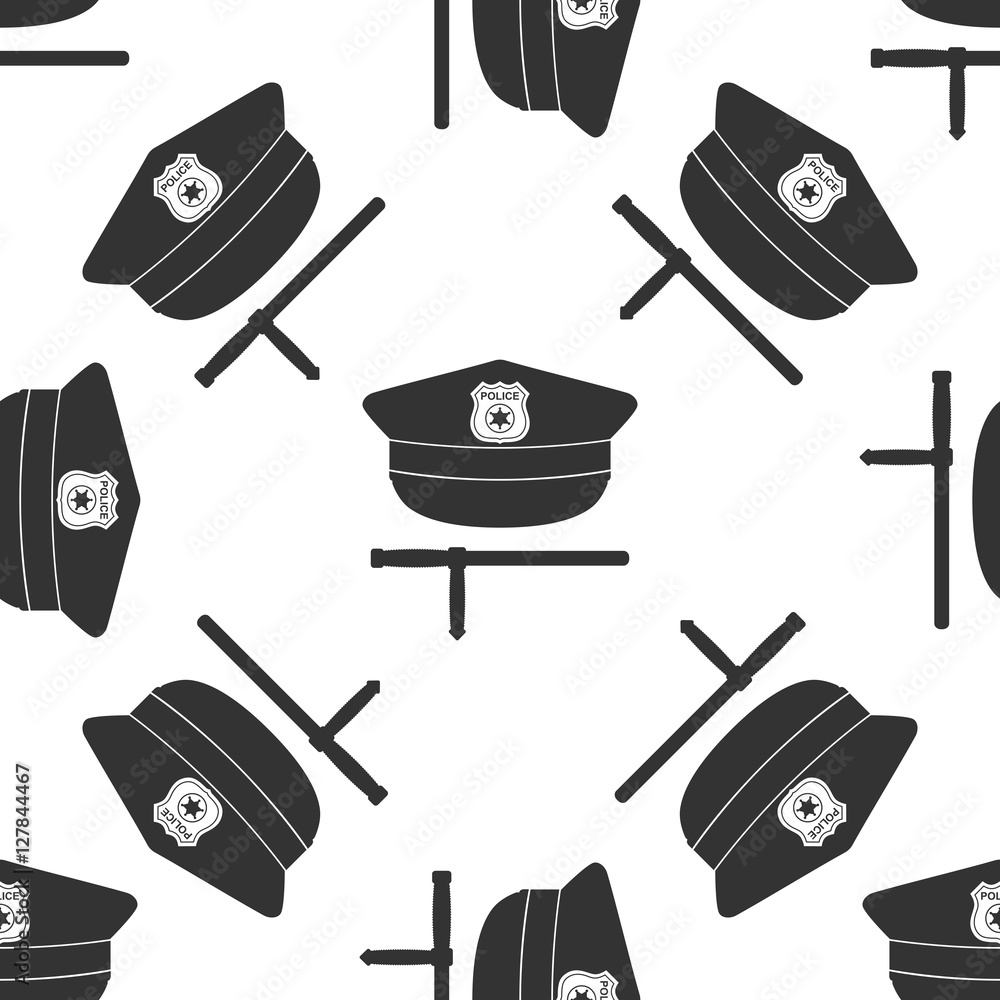 Police cap and baton icon seamless pattern on white background. Vector ...