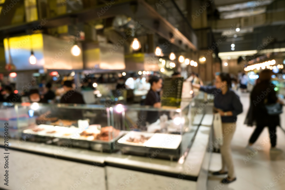 Abstract blur beautiful luxury food court in shopping mall and retail ...