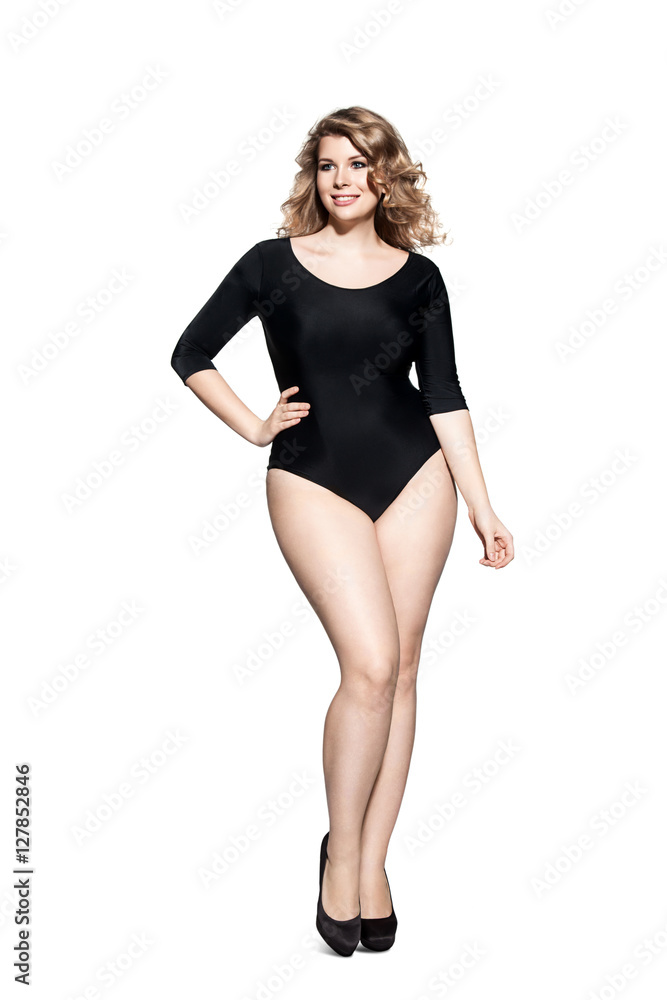 Beautiful Fashionable Plump Woman In Black Body Standing On A White