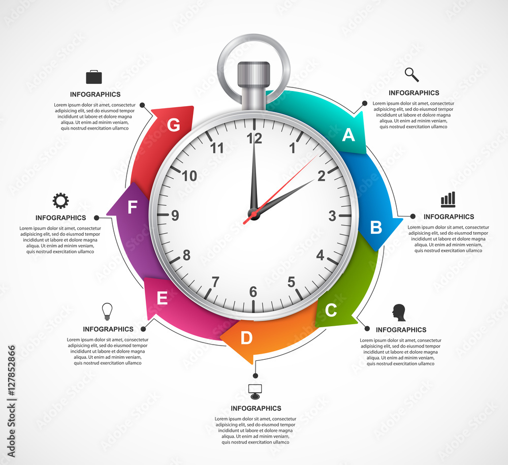 Infographics design template. Stopwatch with a circular arrow and the ...
