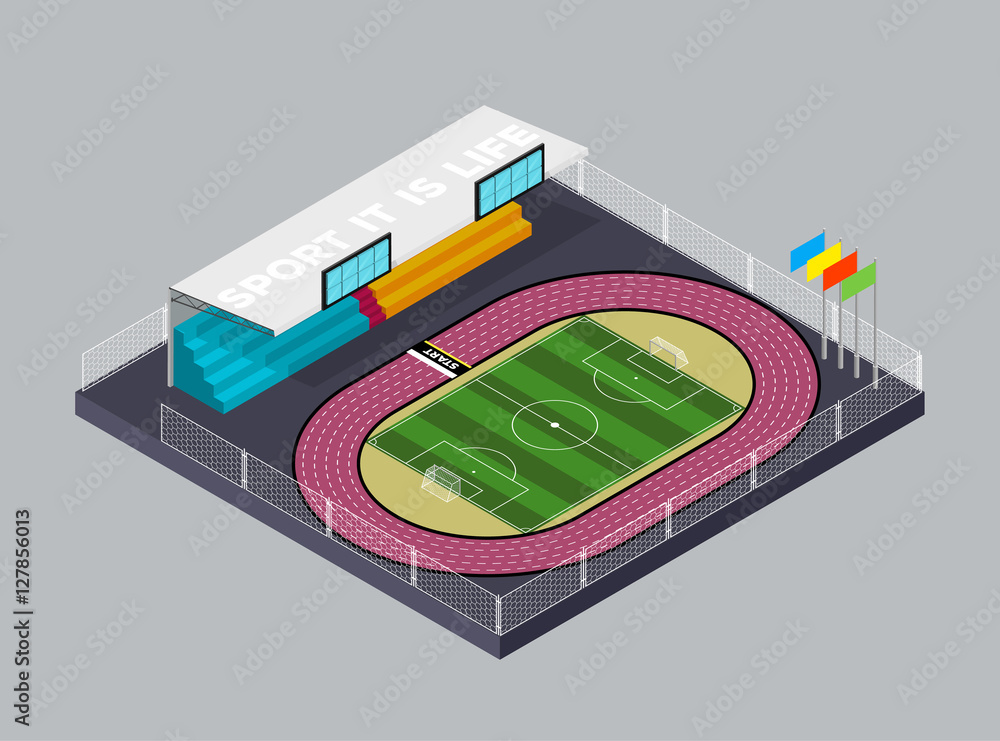 Soccer stadium. Football. Football field and running track in isometric ...