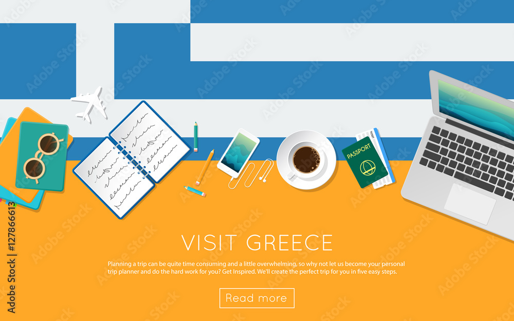 Visit Greece concept for your web banner or print materials. Top view ...