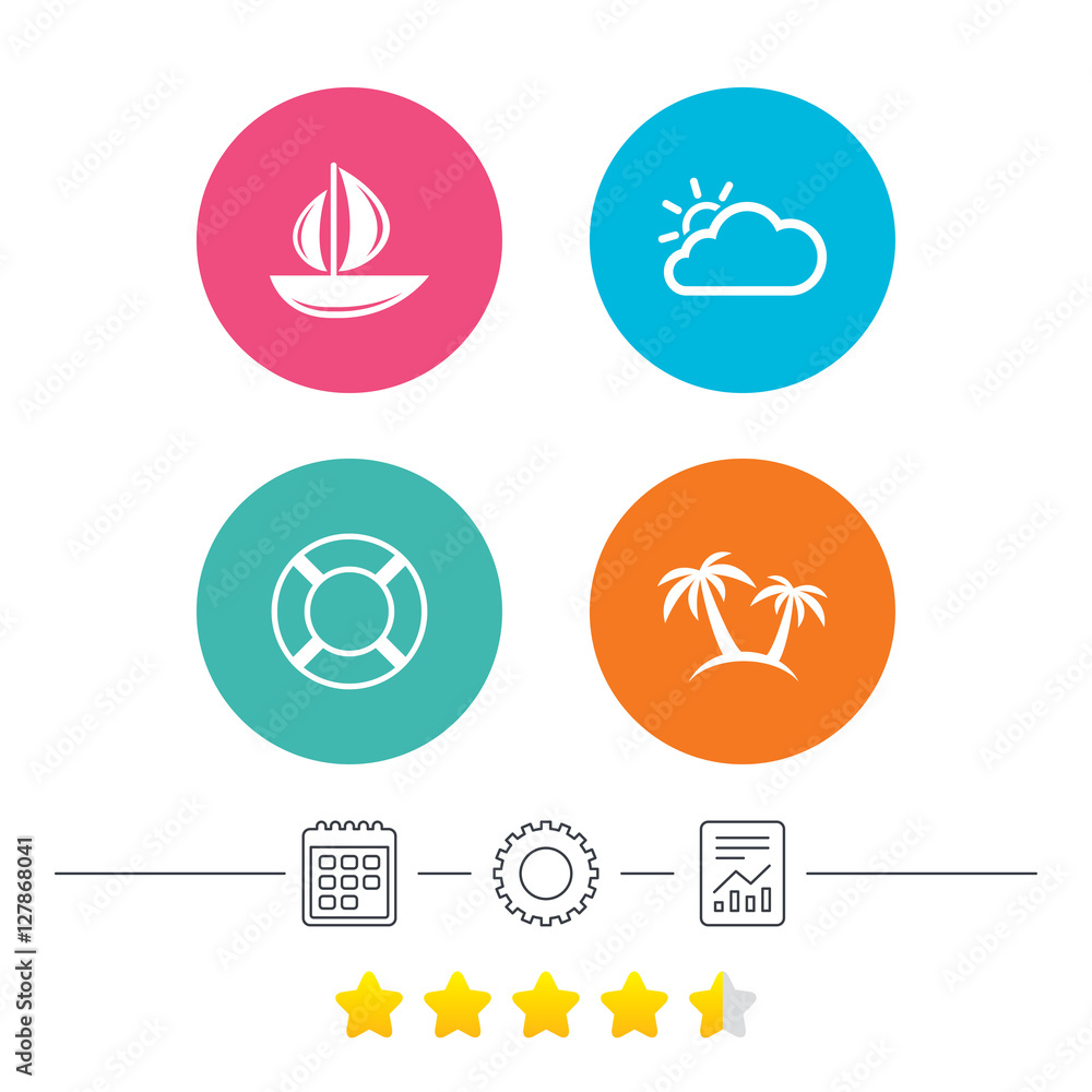 Travel icons. Sail boat with lifebuoy symbols. Cloud with sun weather ...