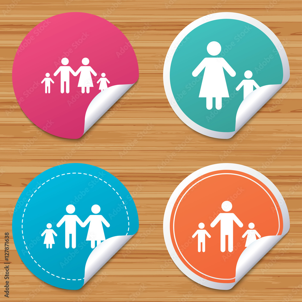 Round stickers or website banners. Family with two children icon ...