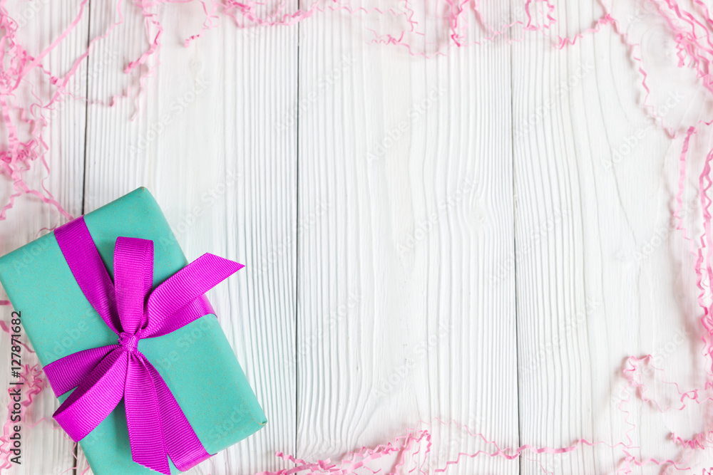 birth of baby - boxes for gifts on wooden background Stock Photo ...