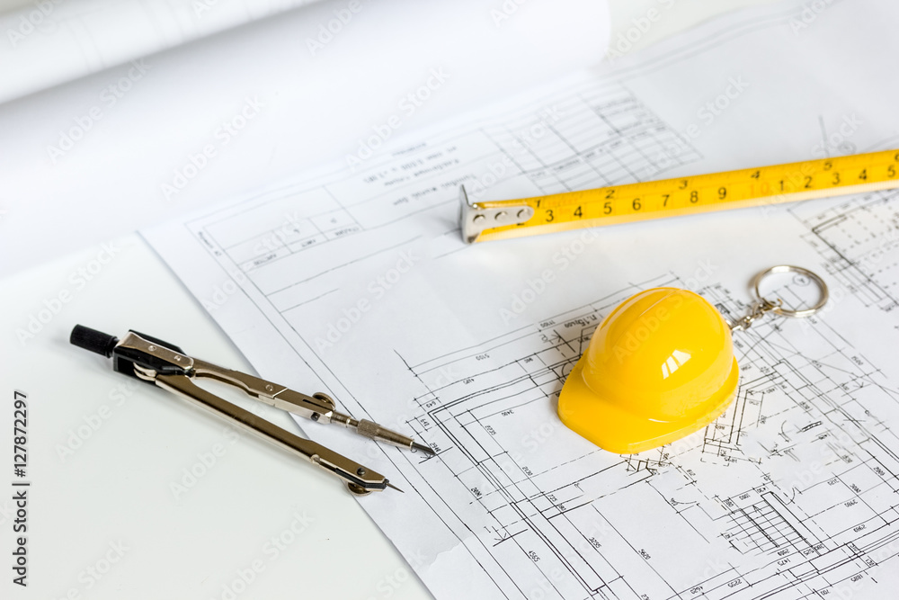 engineering tools on white background with drawings apartments top view ...