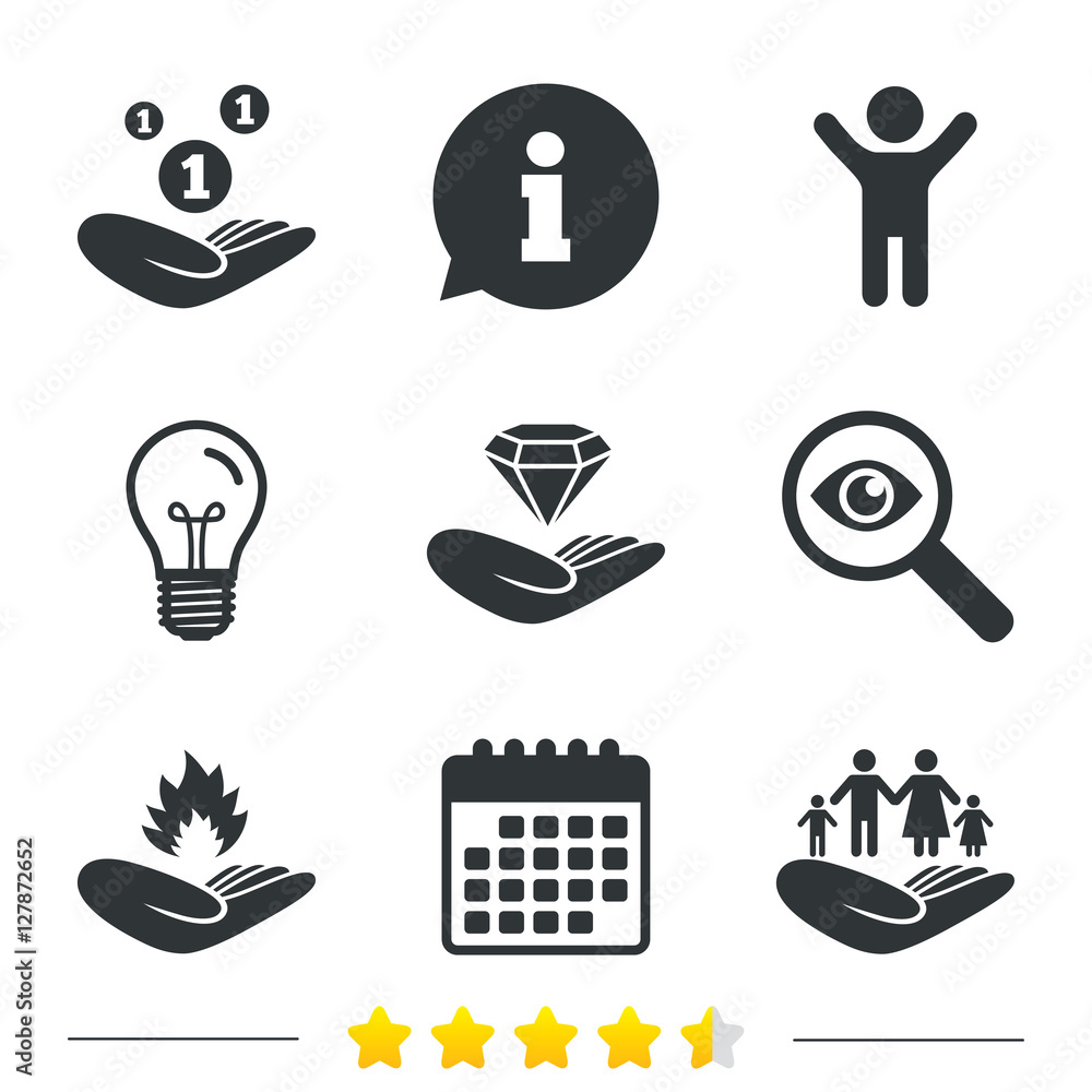 Helping hands icons. Financial money savings, family life insurance ...