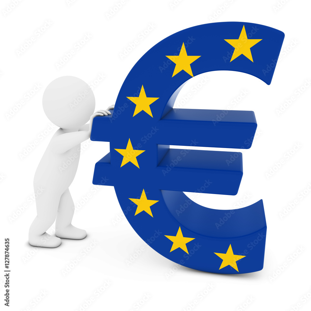 3D Man Character Pushing EU Flag Euro Symbol 3D Illustration Stock ...