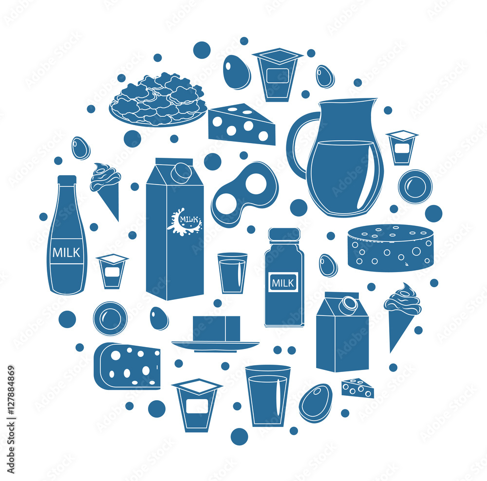 Dairy products icon set in round shape. Flat style. Dairy products ...