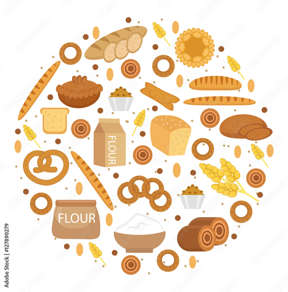 Bakery products icon set in a round shape, Flat style. Set of different ...