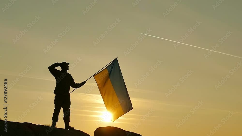 Soldier salute Ukrainian Flag, sunrise time in Slow Motion Stock Video ...