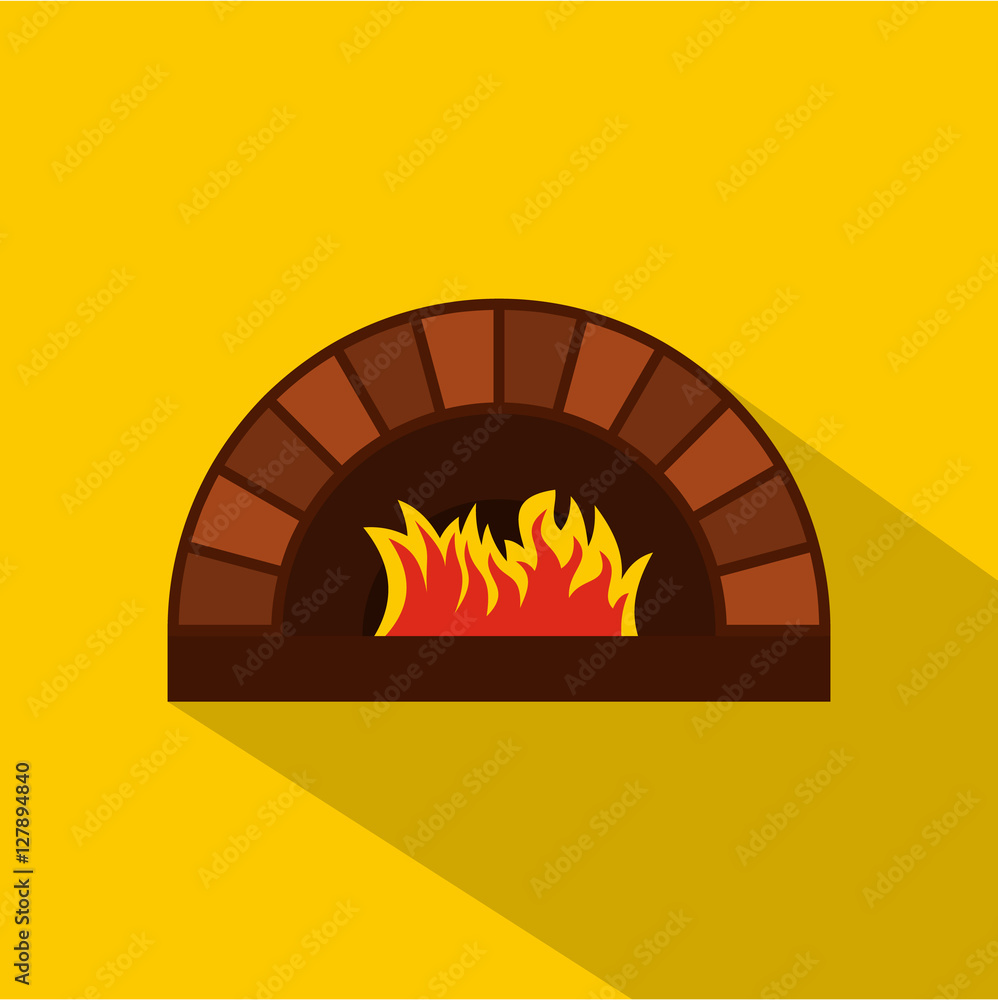 Brick pizza oven with fire icon. Flat illustration of brick pizza oven ...