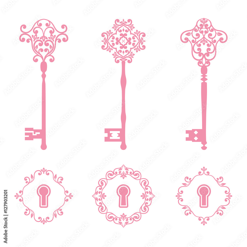 Vintage keys and keyholes set in pink color isolated on white. Stock ...