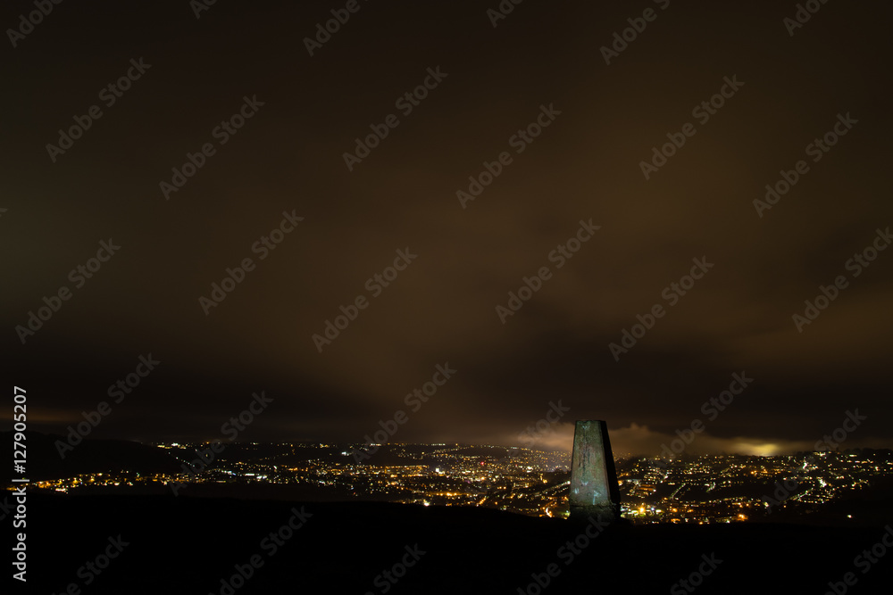 Trig point on Little Solsbury Hill overlooking Bath. Night view of the ...