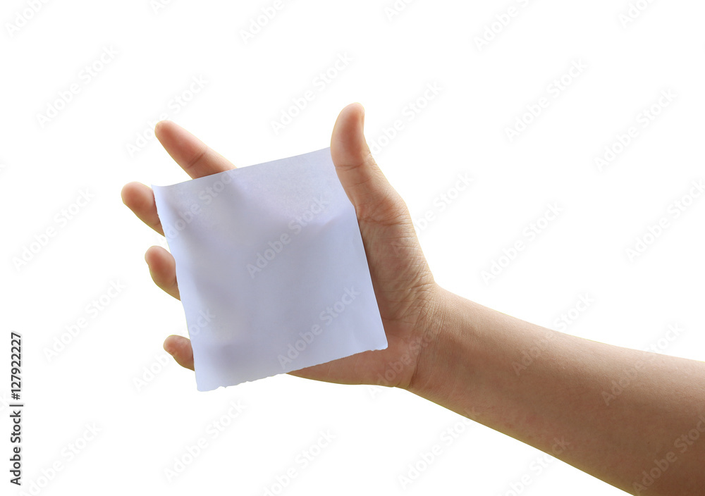 close up of a hand holding blank note on white background with clipping ...