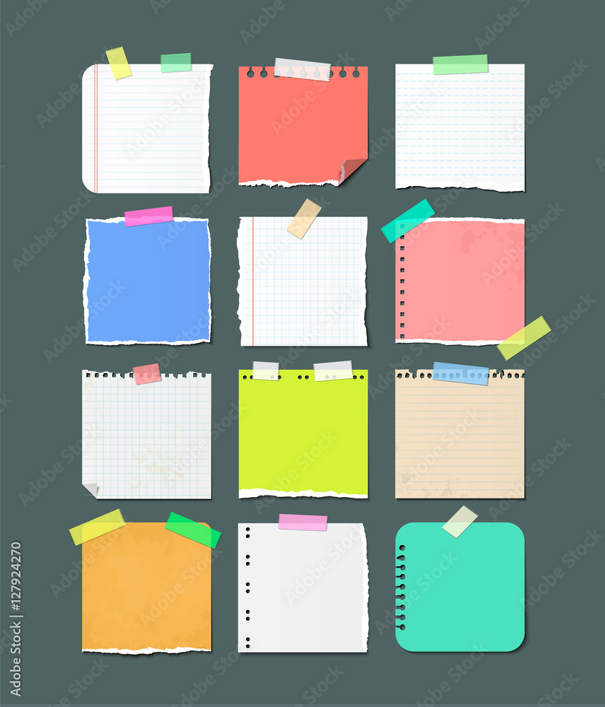 Paper banners for notes. Pieces of torn checkered and color paper ...