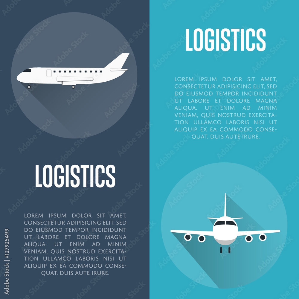 Logistics banners vector illustration. Jet airplane with long shadow ...