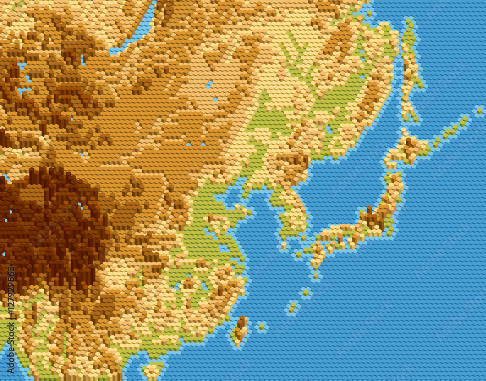Vector physical map of East Asia stylized using embossed hexagons Stock ...