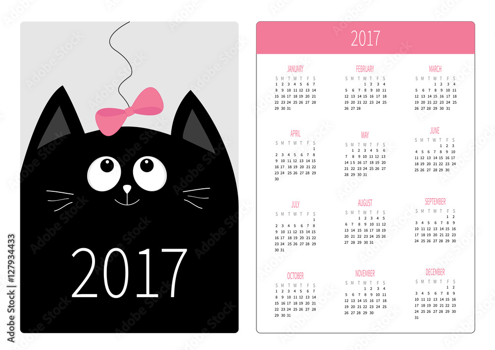 Pocket calendar 2017 year. Week starts Sunday. Flat design Vertical ...
