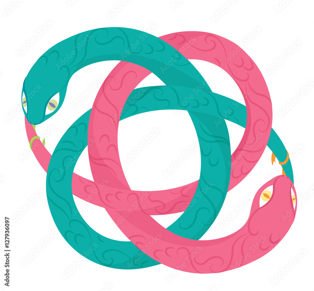 Vetor de Two colored snakes eating themselves represents the infinity ...