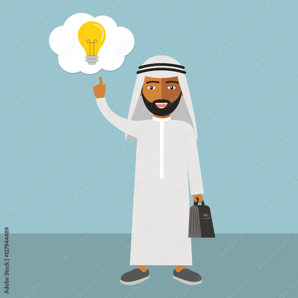 Big idea concept with saudi arab man and lightbulb. Symbol of having an ...