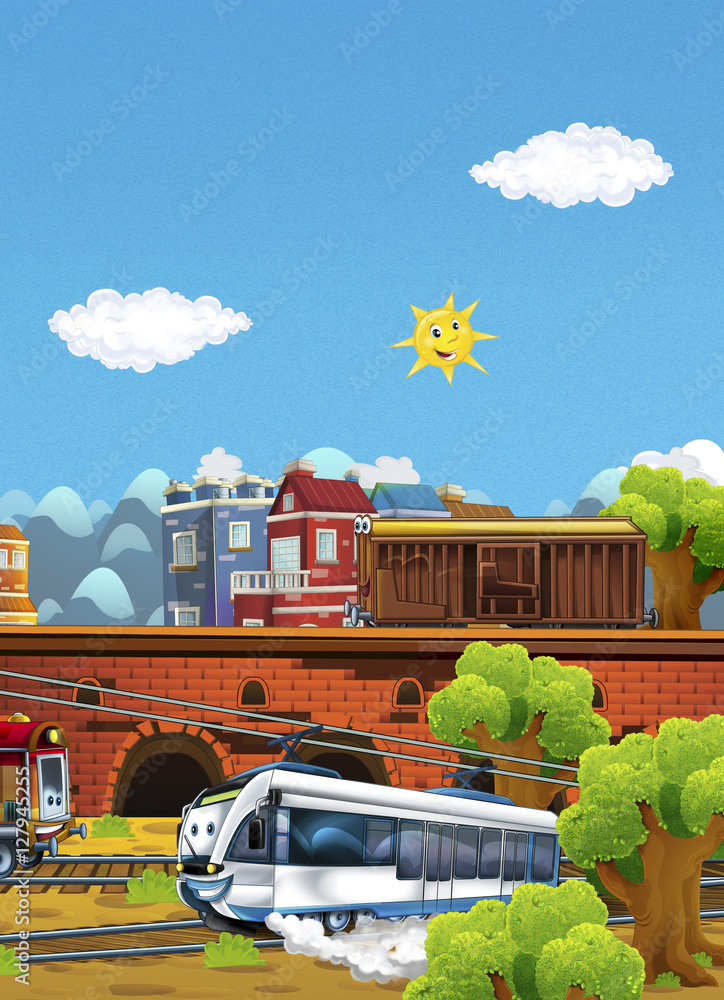 Cartoon happy and funny trains - city landscape - illustration for ...