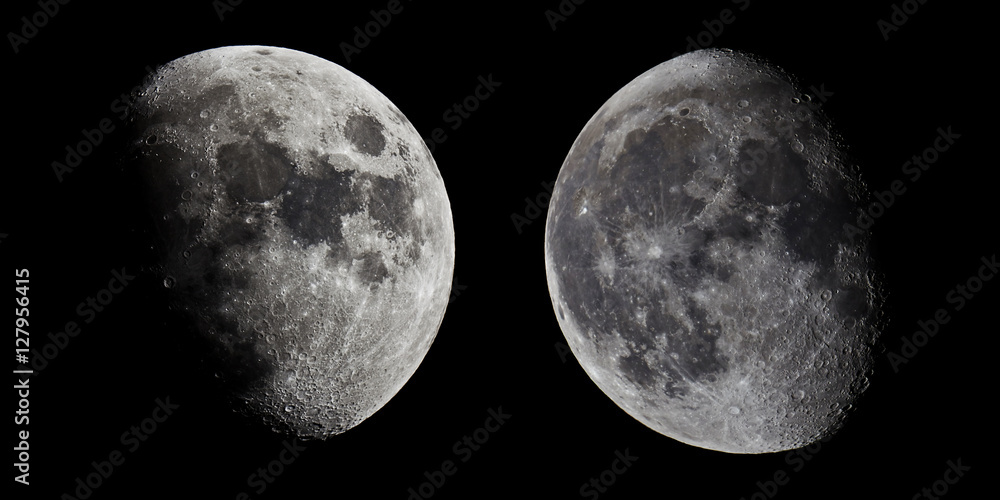 Moon's Phases. Half Moon in the middle of its way on the clear sky ...