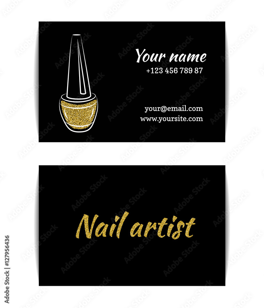 Nail polish business card. Isolated manicure visit card. Golden glitter ...