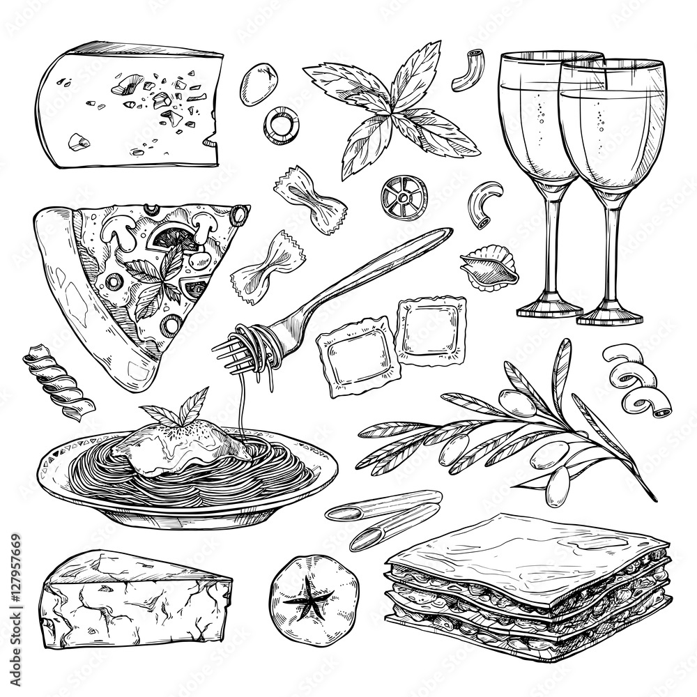 Hand drawn vector illustration - Italian food ( Different kinds Stock ...