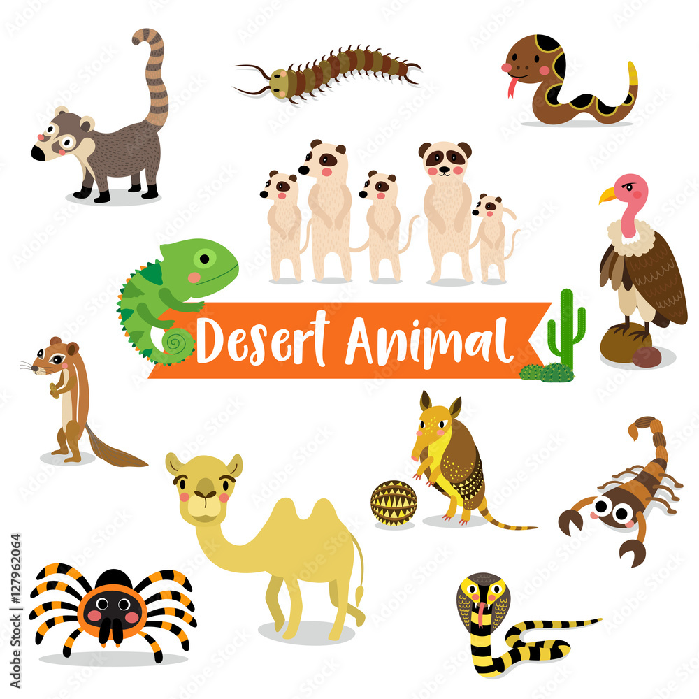 Desert Animal cartoon on white background. Camel. Cobra. Scorpion ...