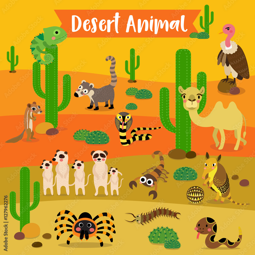 Desert Animal cartoon on desert background. Camel. Cobra. Scorpion ...