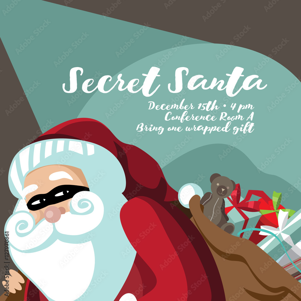Cartoon Secret Santa illustration with Santa Claus sneakily delivering ...