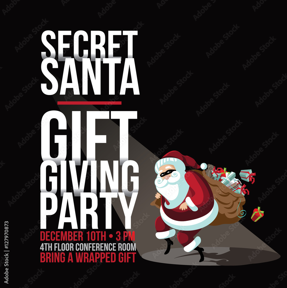 Cartoon Secret Santa invitation template with Santa Claus sneakily ...