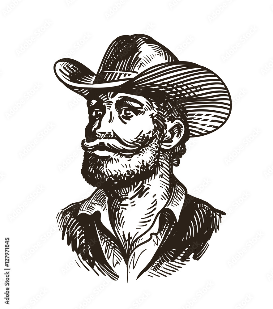 Cowboy, rancher or farmer. Hand drawn sketch vector illustration Stock ...
