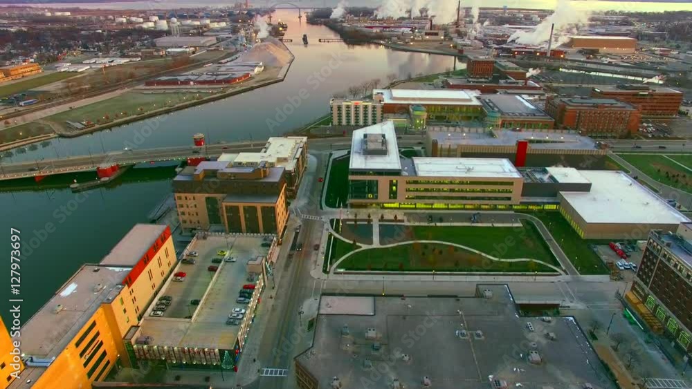 Downtown Green Bay Wisconsin scenic aerial flyover at twilight. Stock ...