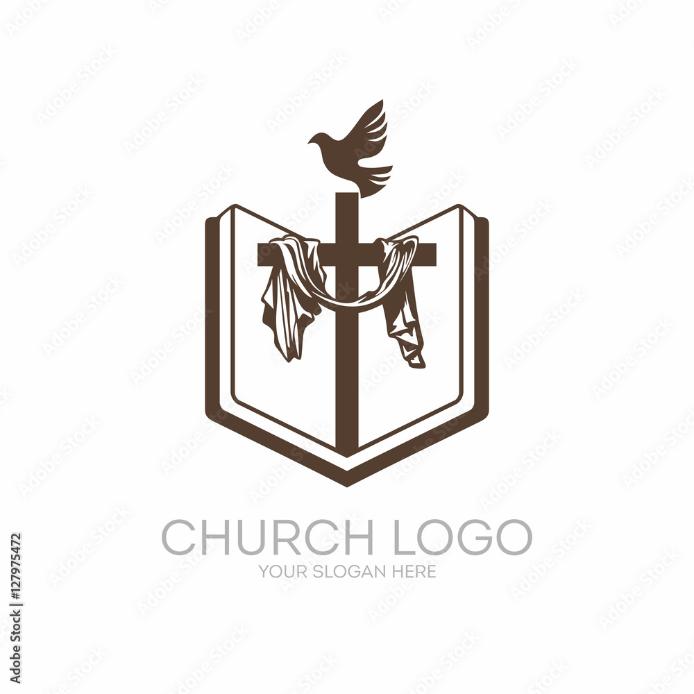 Church logo. Christian symbols. Bible, Holy Scripture, the cross of ...