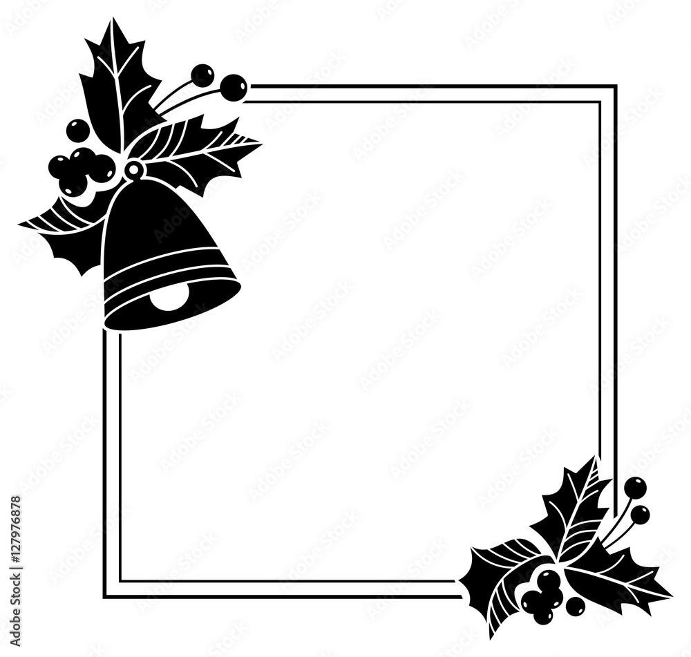 Square frame with Christmas bells and holly berries silhouettes. Copy ...