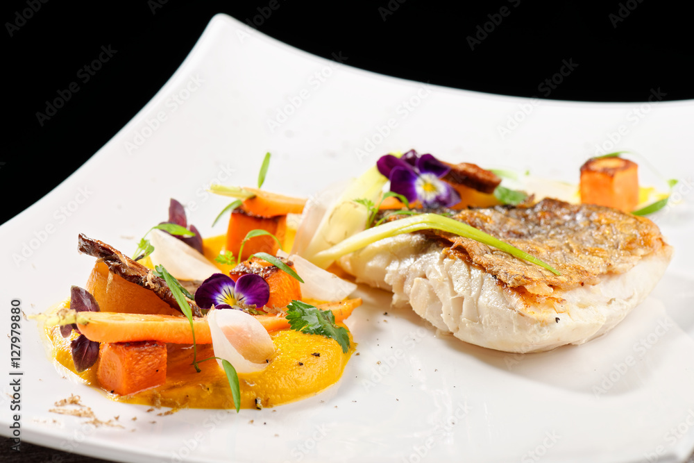 Fine dining, fish fillet breaded in herbs and spice on vegetable Stock ...