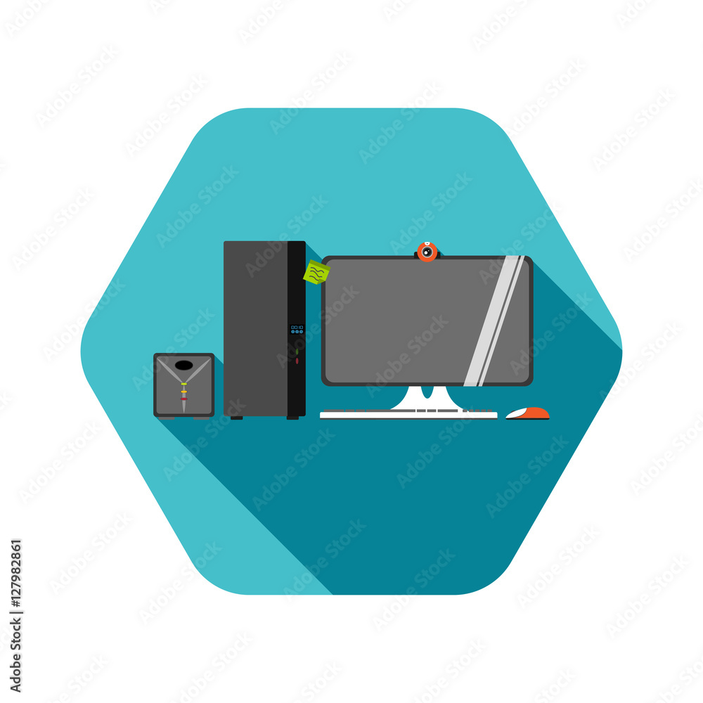 Vector hexagon icon of desktop computer with monitor, webcam, keyboard ...