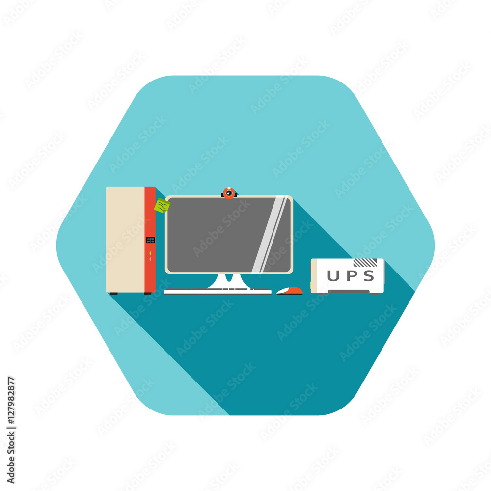 Vector hexagon icon of desktop computer with fulltower case, monitor ...