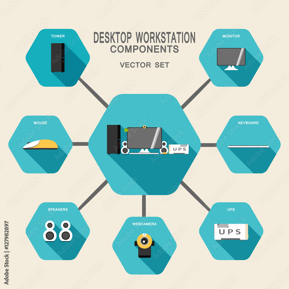 Vector set of hexagon icons of workstation computer with fulltower case ...