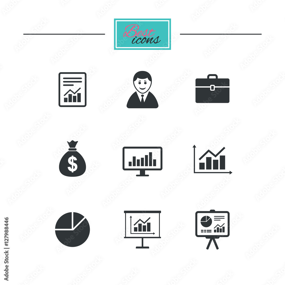 Statistics, accounting icons. Charts, presentation and pie chart signs ...
